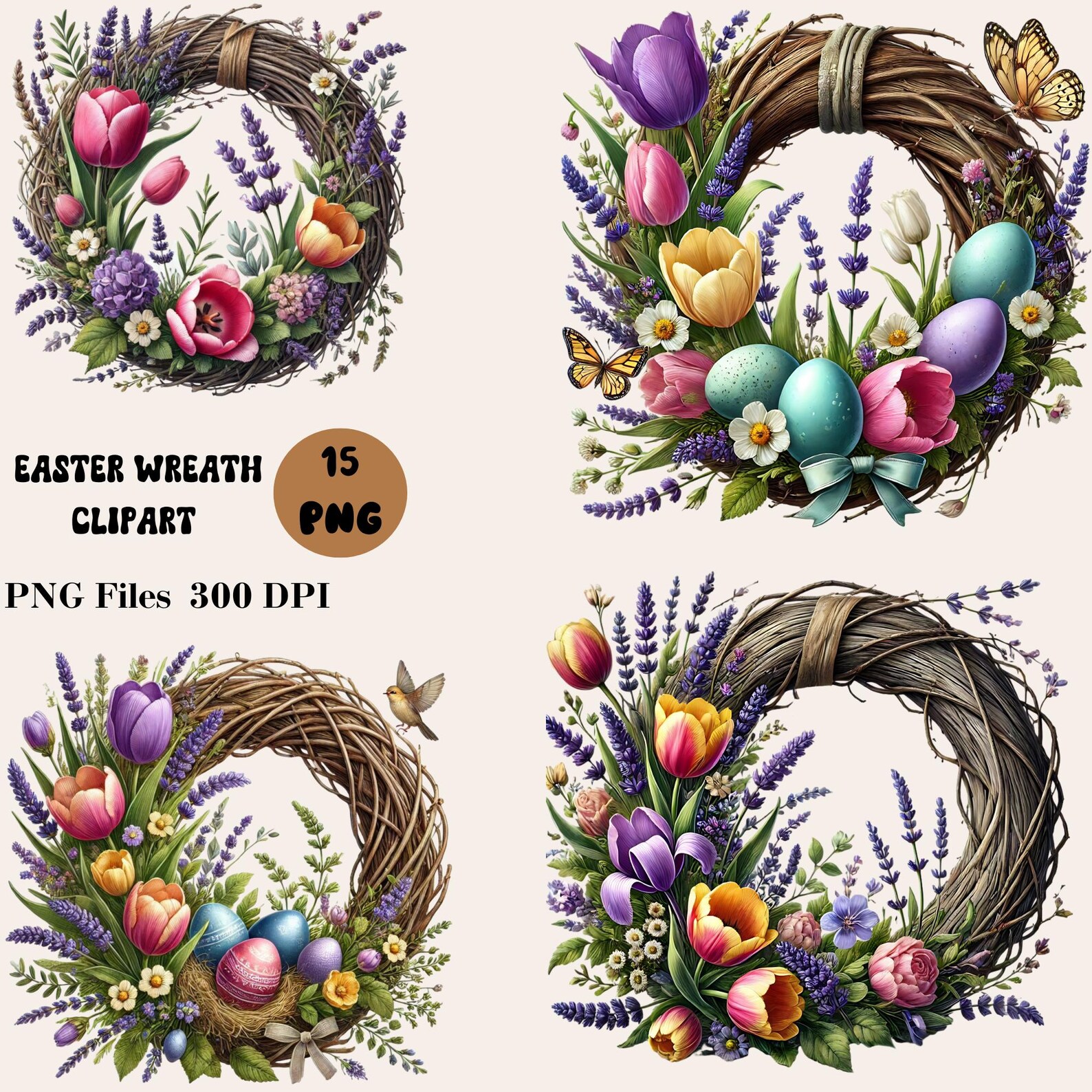 15 Rustic Easter Wreath Clipart, Spring Wreath Clipart, Easter Clipart ...