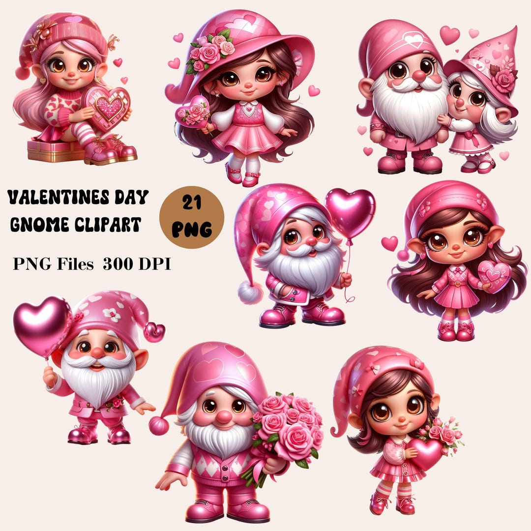 21 Pink Valentines Gnome Clipart, Valentines Day Gnome Clipart, Love ...