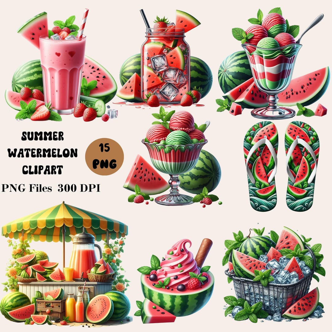 15 Summer Watermelon Clipart, Watermelon PNG Bundle, Summer Fruits ...