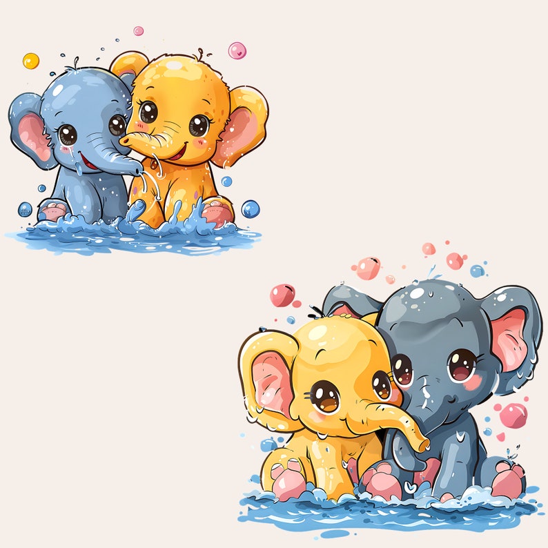 12 Kawaii Elephant Clipart Bundle, Kawaii Mommy and Baby Elephant PNG ...