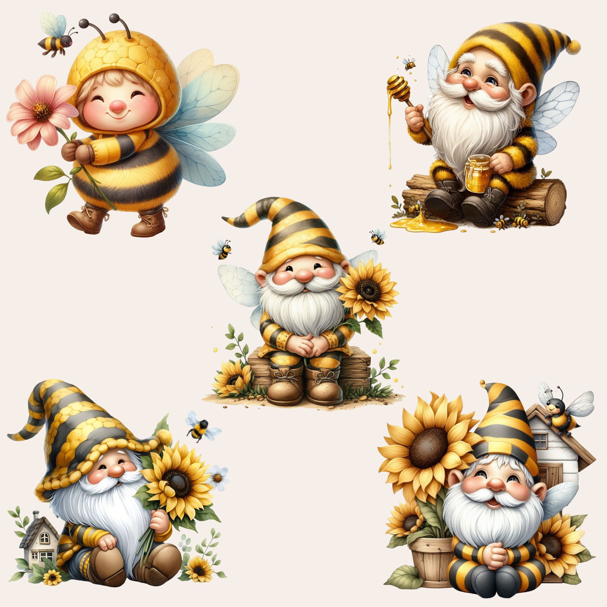 32 Flower Bee Gnome Clipart, Bee Gnome PNG, Garden Gnome Clipart, Bee ...