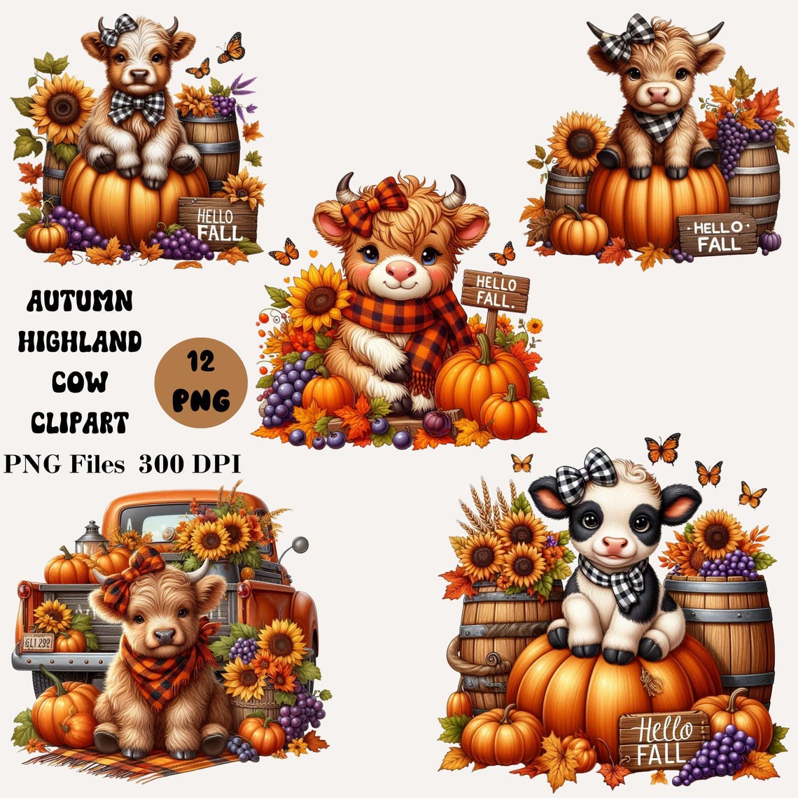 12 Autumn Highland Cow Clipart, Hello Fall Highland Cow Clipart ...