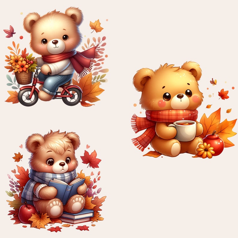 23 Fall Teddy Bear Clipart Bundle, Cute Teddy Bear PNG, Autumn Teddy ...