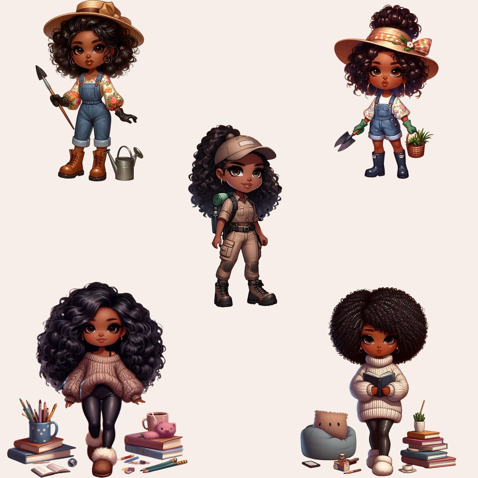 31 Afro American Chibi Girl Clipart, Chibi Doll Clipart, Black Chibi ...