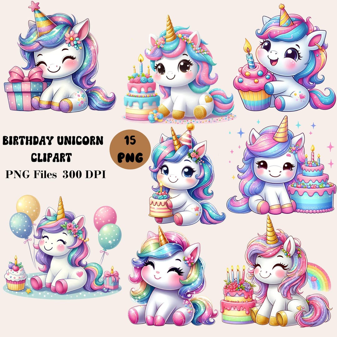 15 Unicorn Birthday Clipart, Rainbow Unicorn Clipart, Birthday Unicorn ...