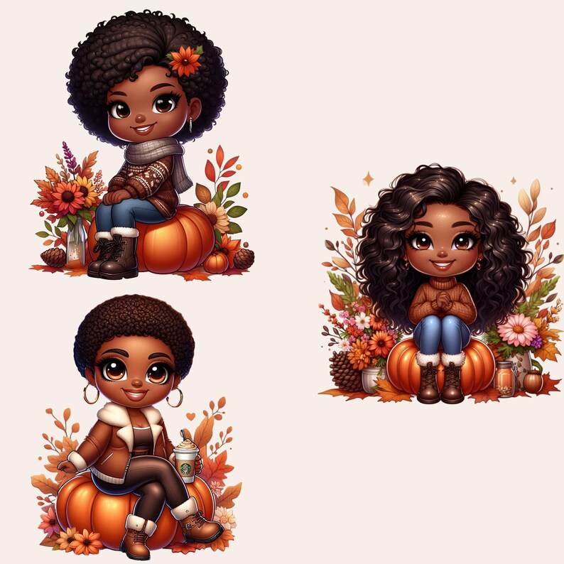 16 Autumn Chibi Girl Clipart, Chibi Black Girl Clipart, Afro American ...