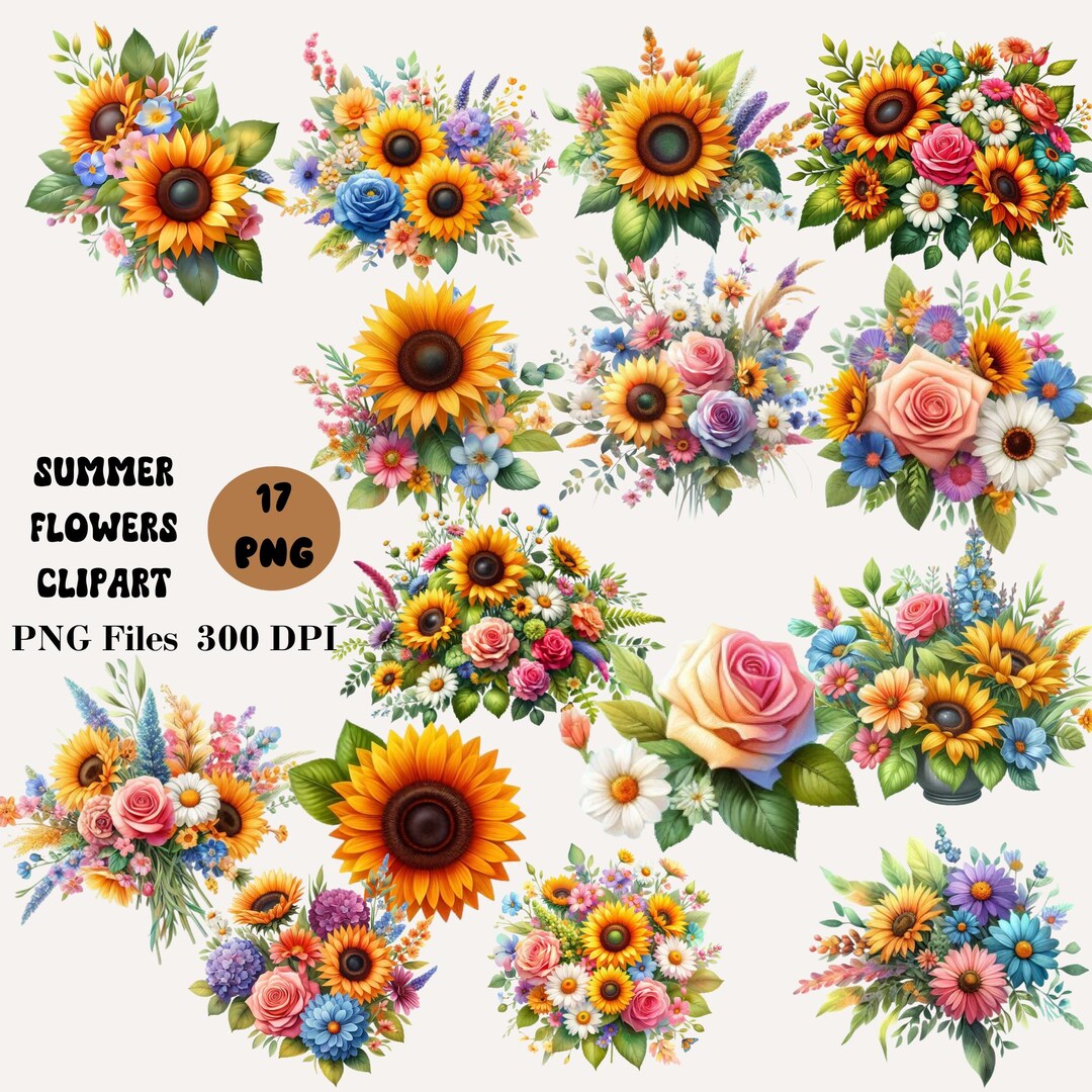 17 Sunflower Clipart Bundle, Summer Flowers Clipart, Floral Bouquets ...