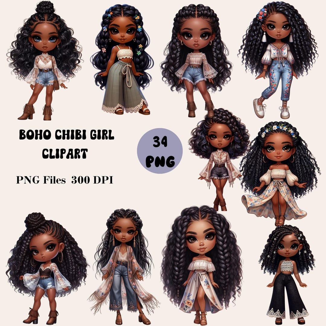 34 Boho Chibi Girl Clipart, Black Chibi Girl PNG, Afro Chibi Girl ...