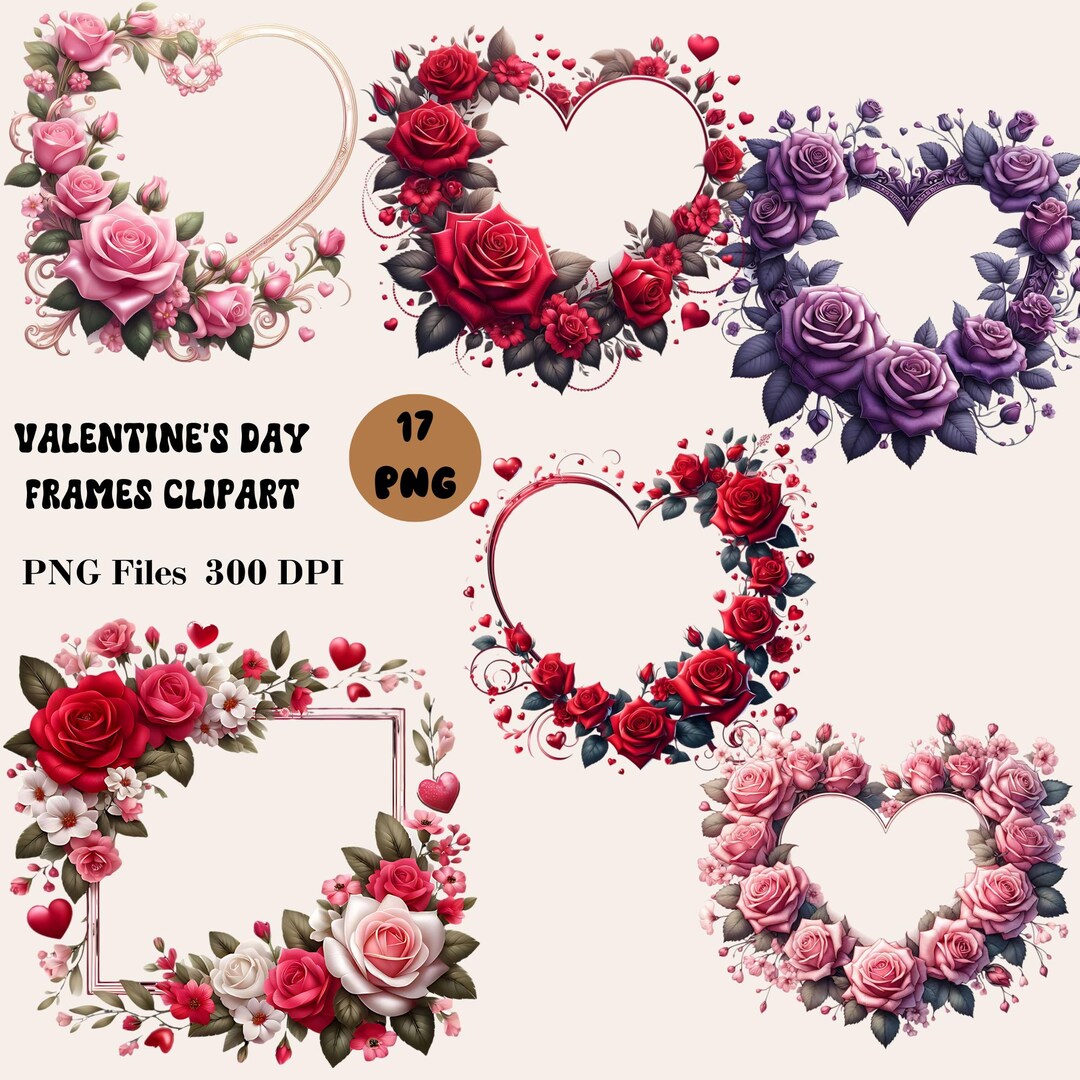 17 Valentine's Day Frames Clipart, Heart Floral Frame Clipart, Heart ...