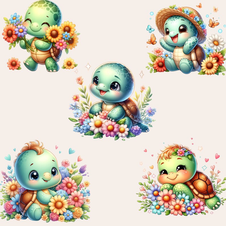 27 Baby Turtle With Flowers Clipart, Floral Baby Turtle Clipart, Cute ...