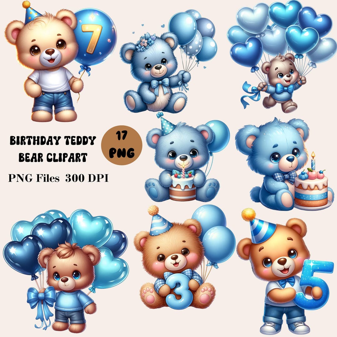 17 Birthday Teddy Bear Clipart, Blue Teddy Bear Clipart, Cute Teddy ...