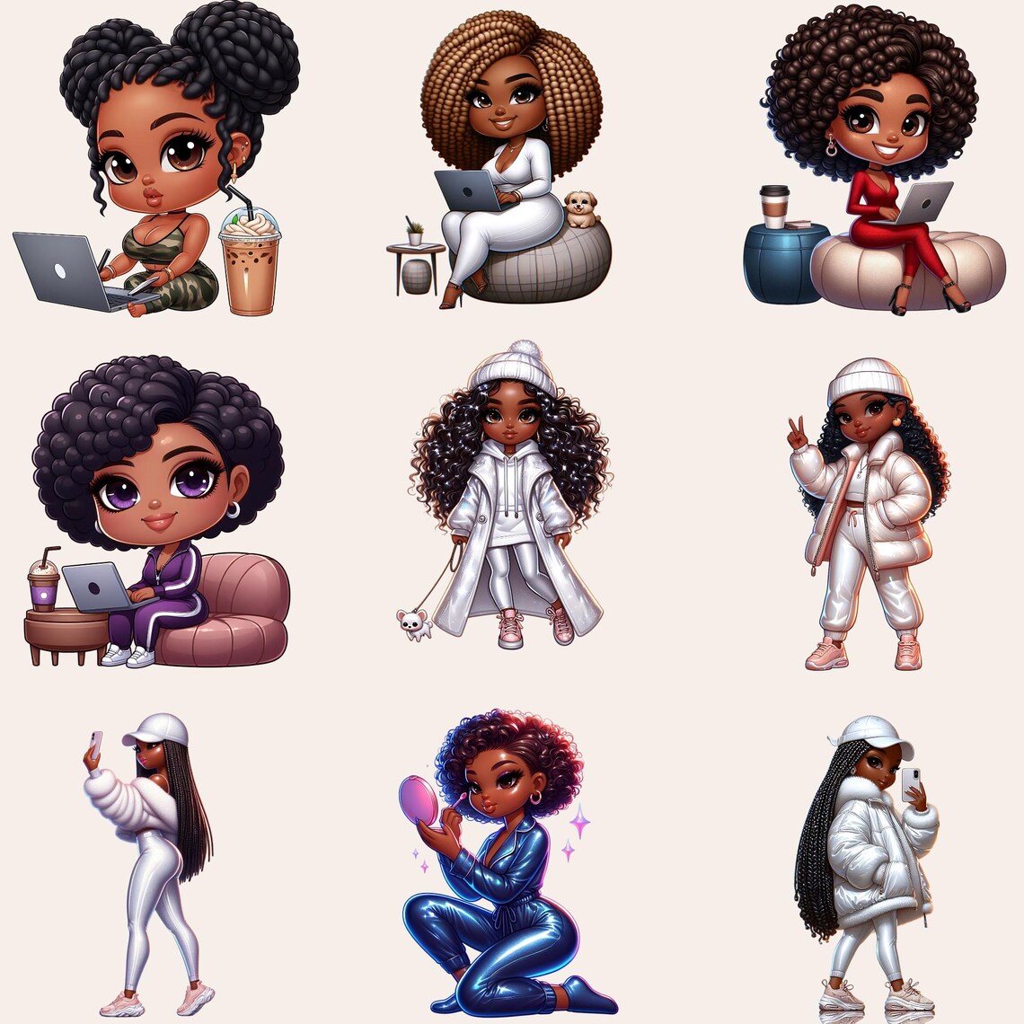 85 Chibi Girl Clipart Bundle, Afro American Chibi Girl PNG, Chibi Doll ...