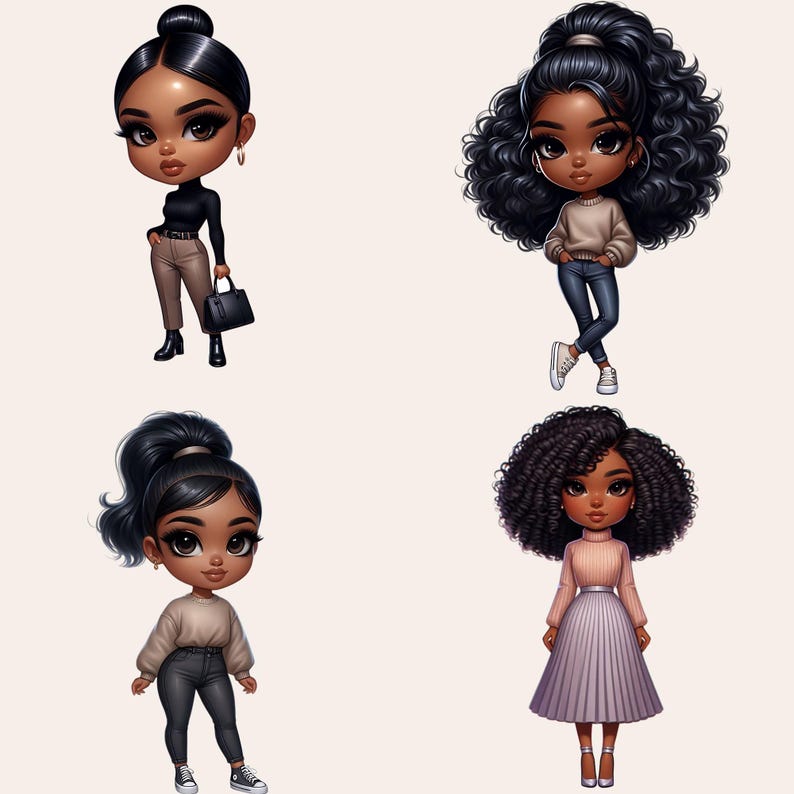 27 Black Chibi Girl Clipart, Afro American Chibi Girl Clipart, Chibi ...