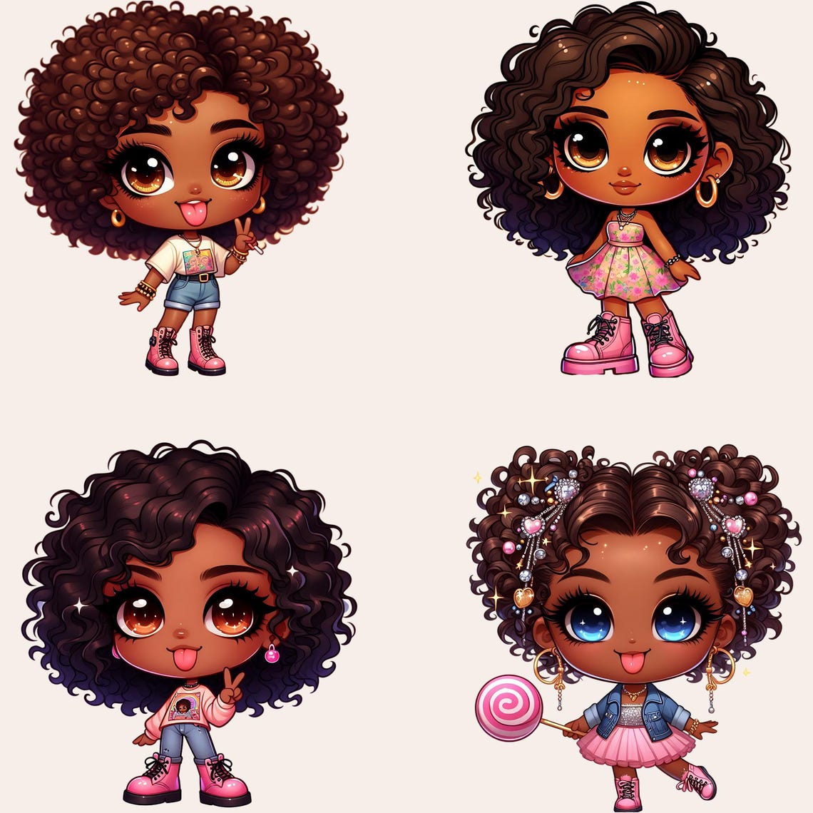 19 Black Chibi Girl Clipart, Cute Chibi Girl PNG, Afro American Chibi ...