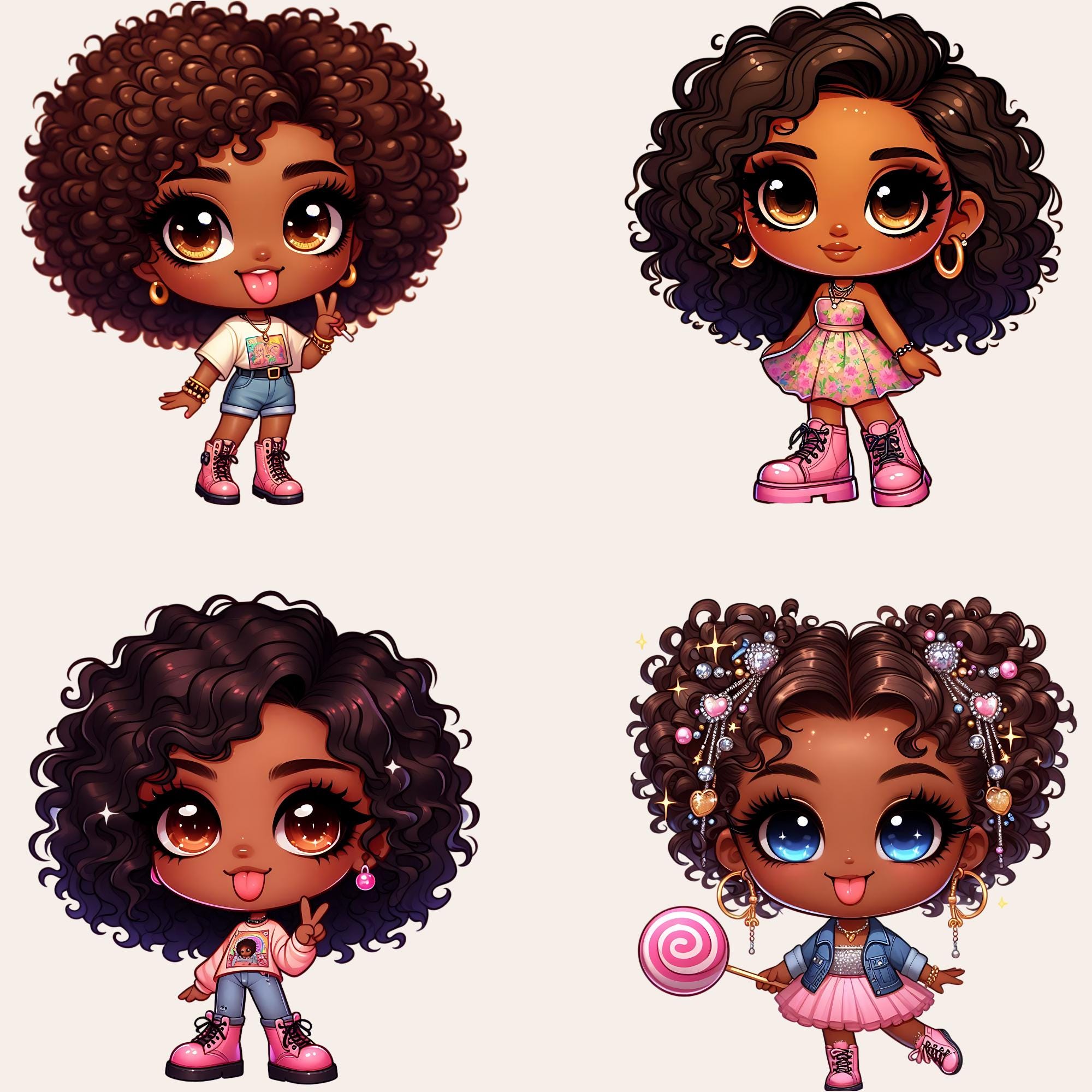 19 Black Chibi Girl Clipart, Cute Chibi Girl PNG, Afro American Chibi ...