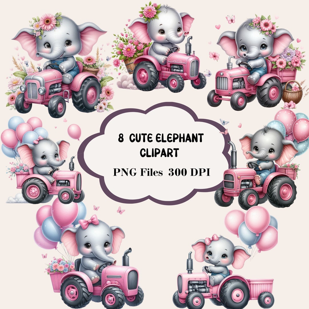 8 Pink Baby Elephant Clipart, Cute Elephant PNG Bundle, Nursery Clipart ...