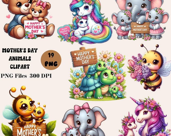 Cute Mother's Day Animals Clipart PNG Bundle, Baby Animals, Mother Day ...