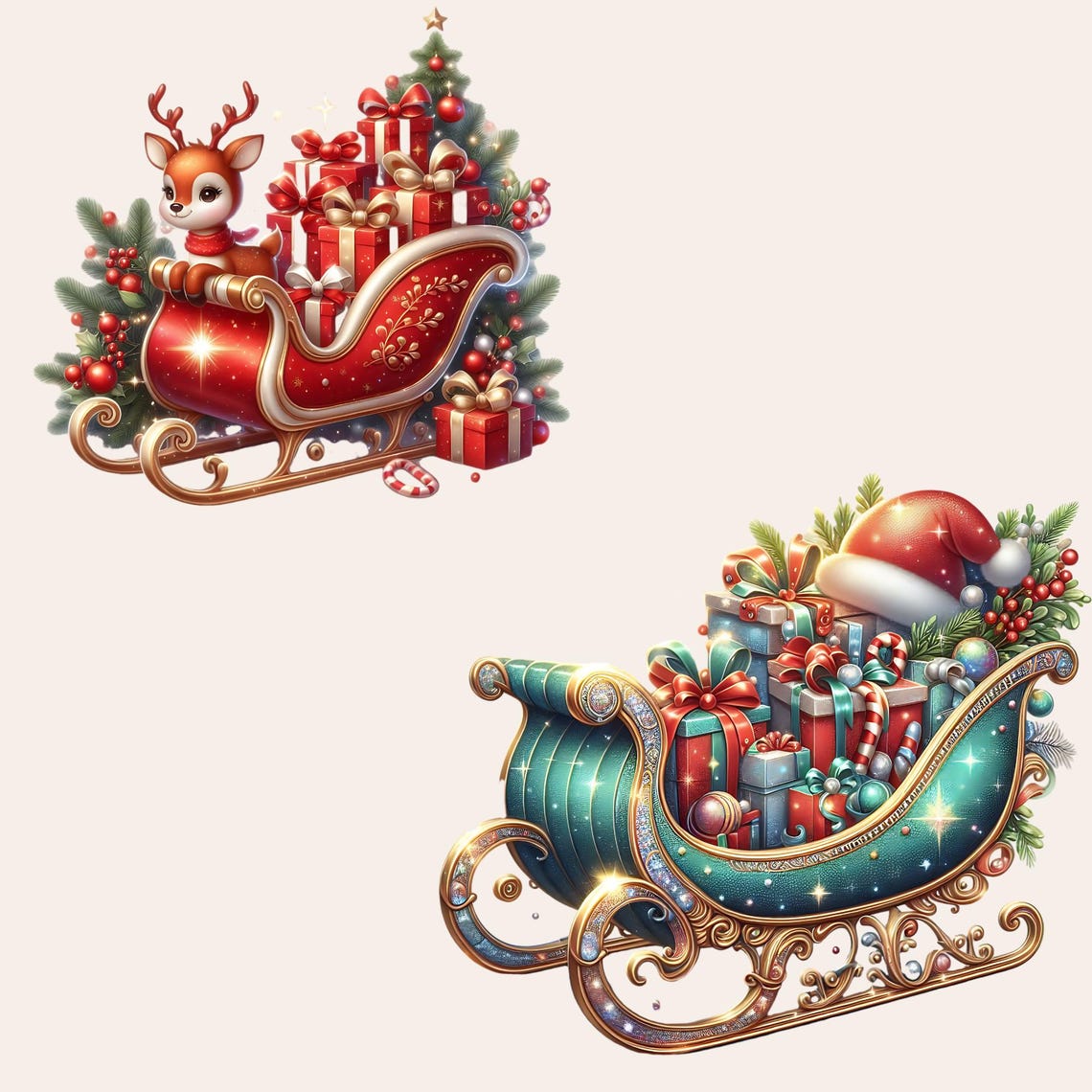 9 Christmas Sleigh Clipart, Sleigh Clipart Bundle, Red Santa Sleigh PNG ...