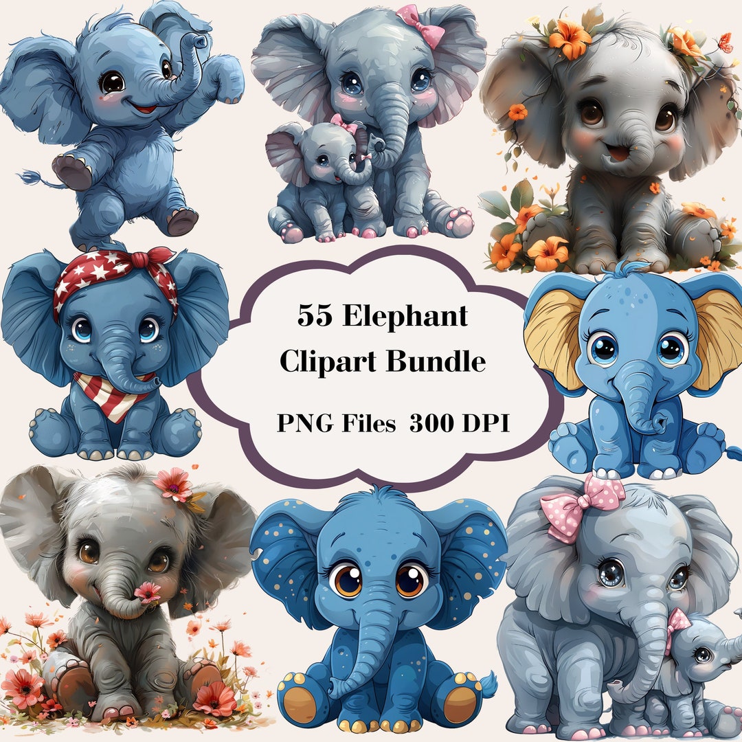 55 Baby Elephant Clipart Bundle, Elephant Clipart PNG, Cute Elephant ...