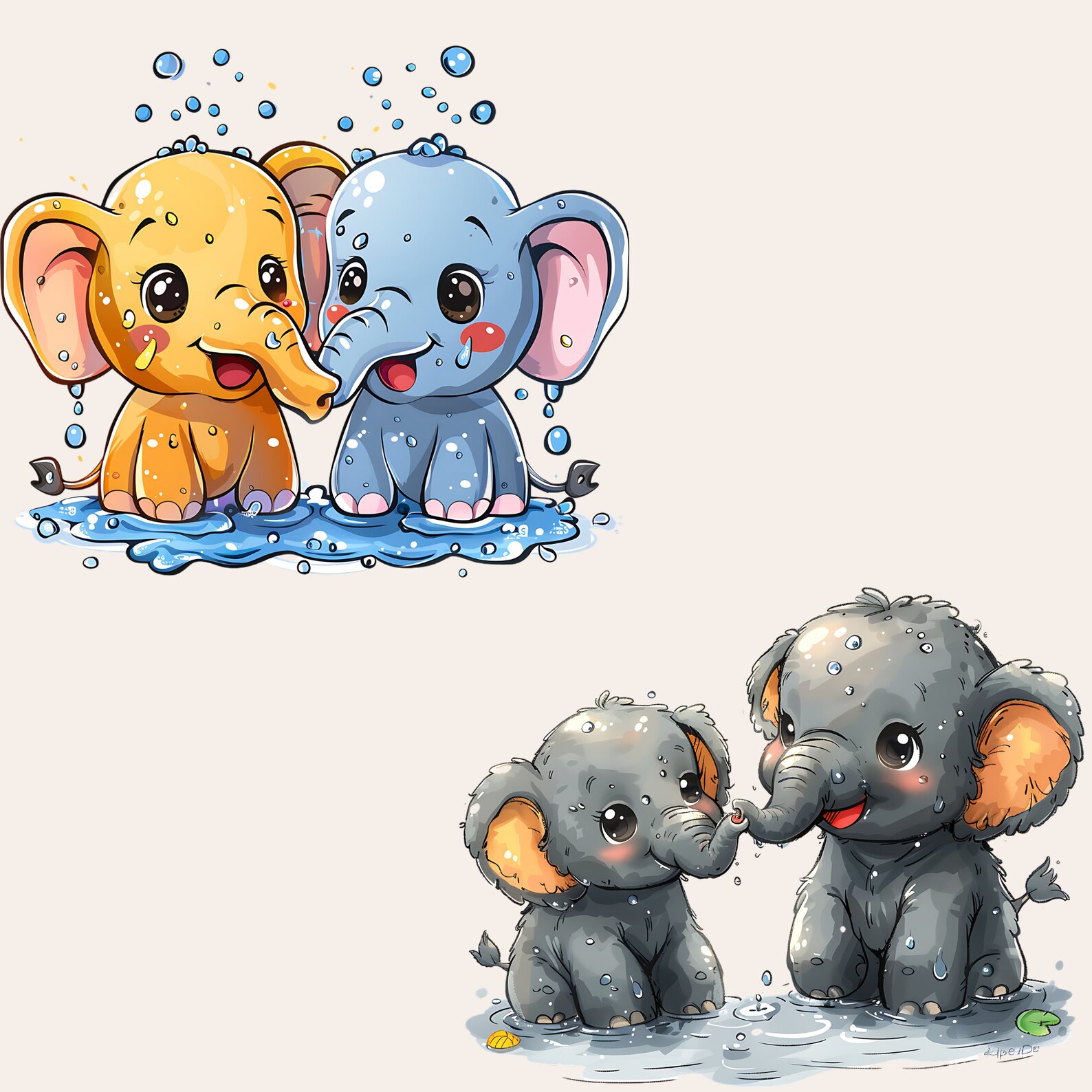 12 Kawaii Elephant Clipart Bundle, Kawaii Mommy and Baby Elephant PNG ...