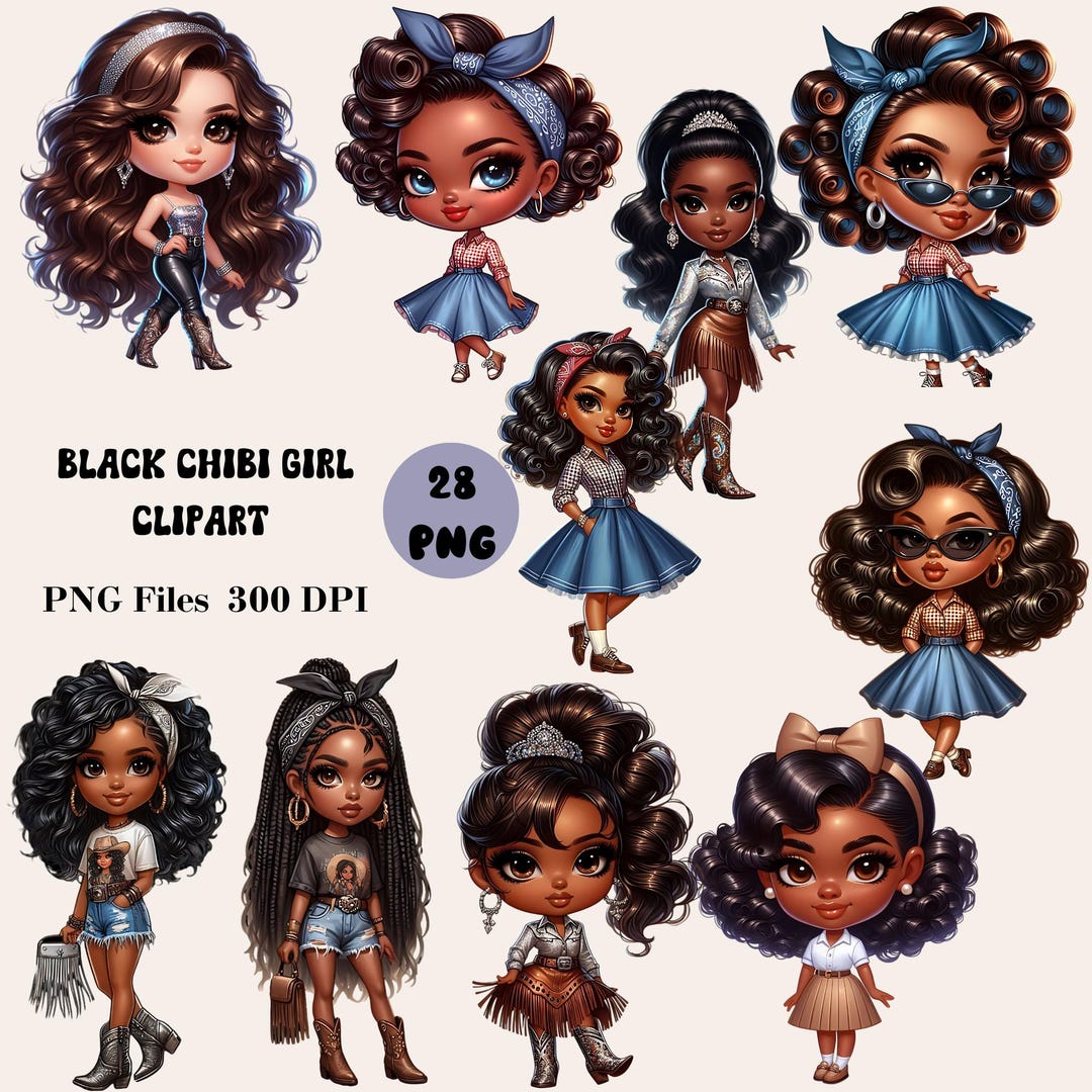 28 Black Chibi Girl Clipart, Chibi Girl PNG Bundle, Cute Chibi Doll ...