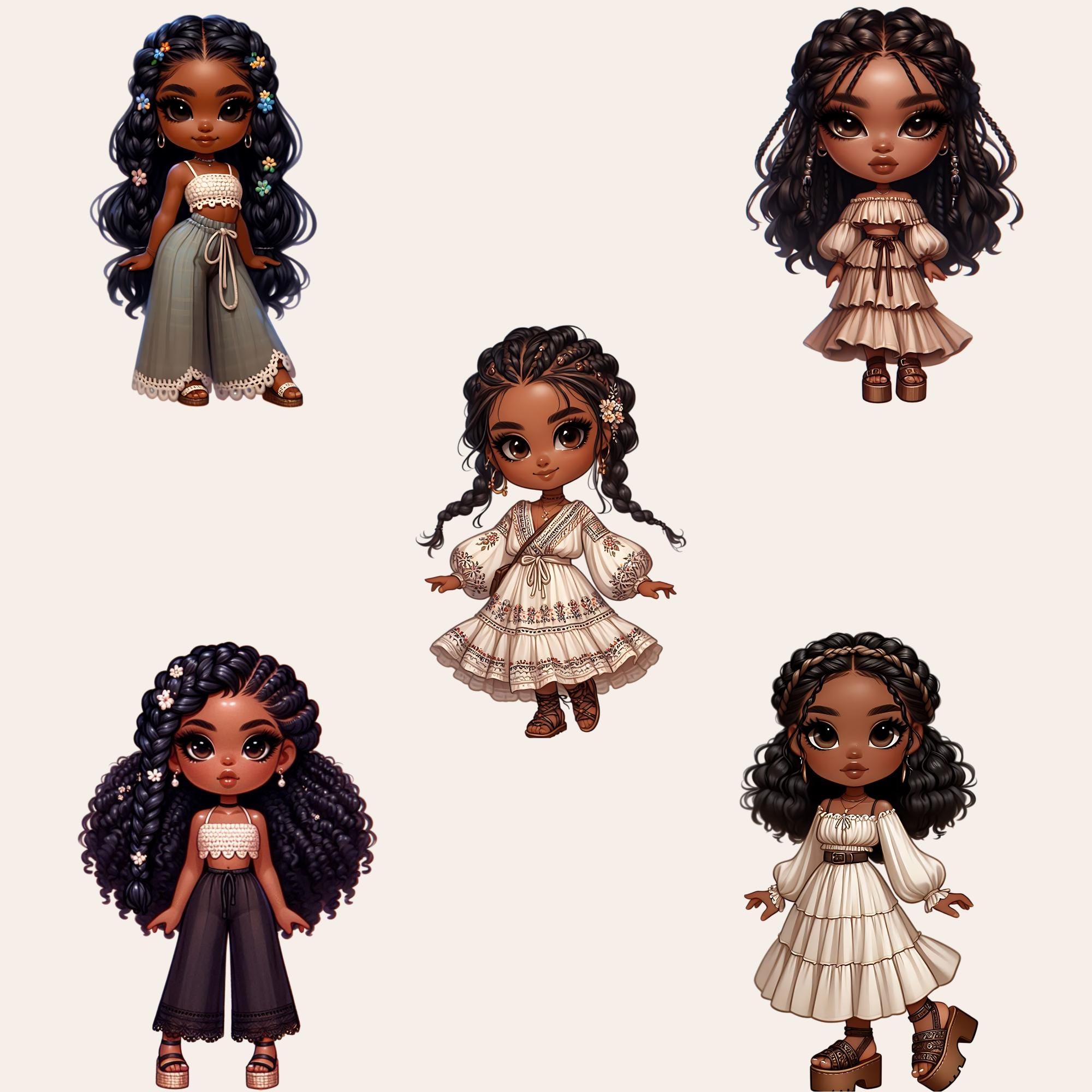 34 Boho Chibi Girl Clipart, Black Chibi Girl PNG, Afro Chibi Girl ...