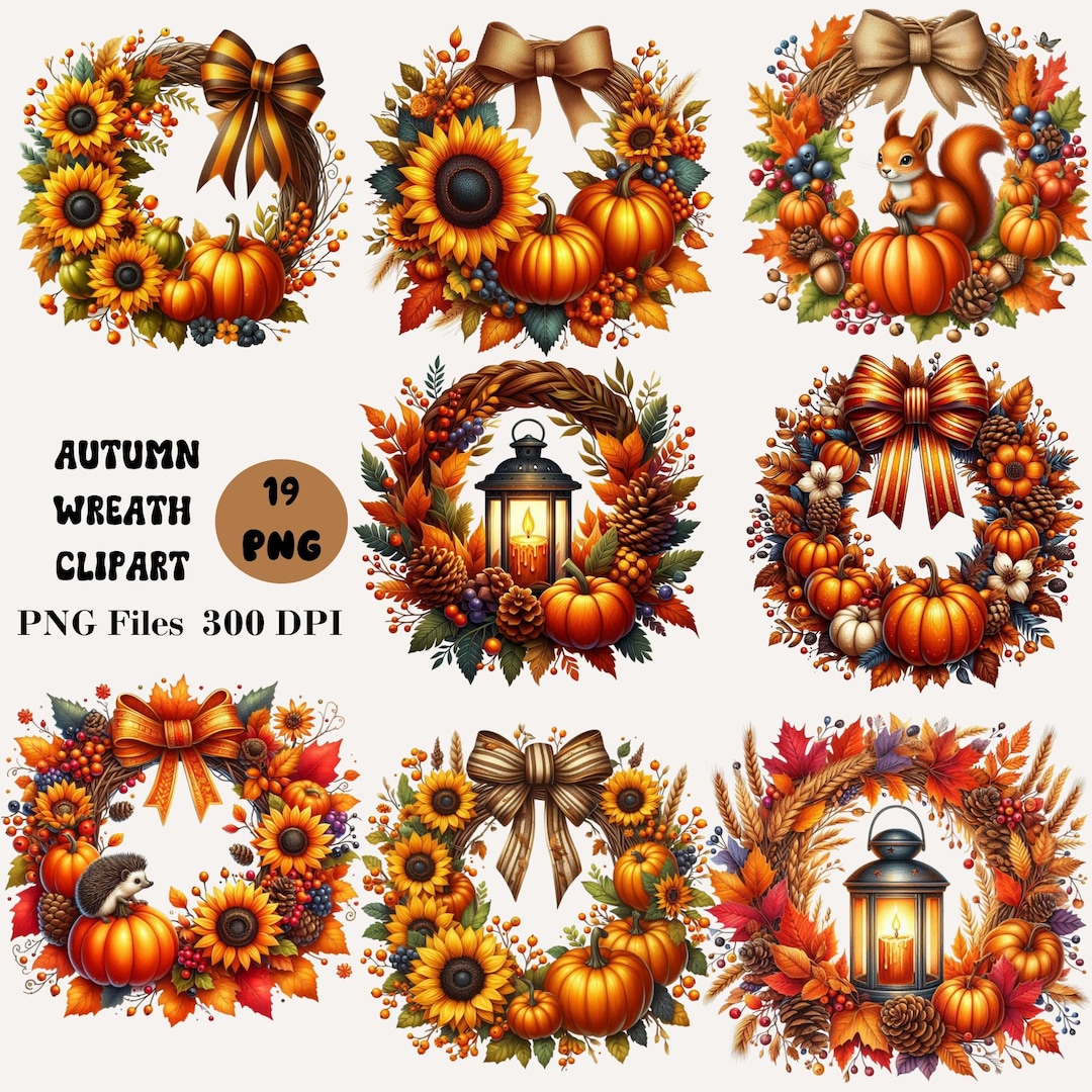 19 Autumn Wreath Clipart, Cozy Fall Wreath Clipart, Thanksgiving Wreath ...