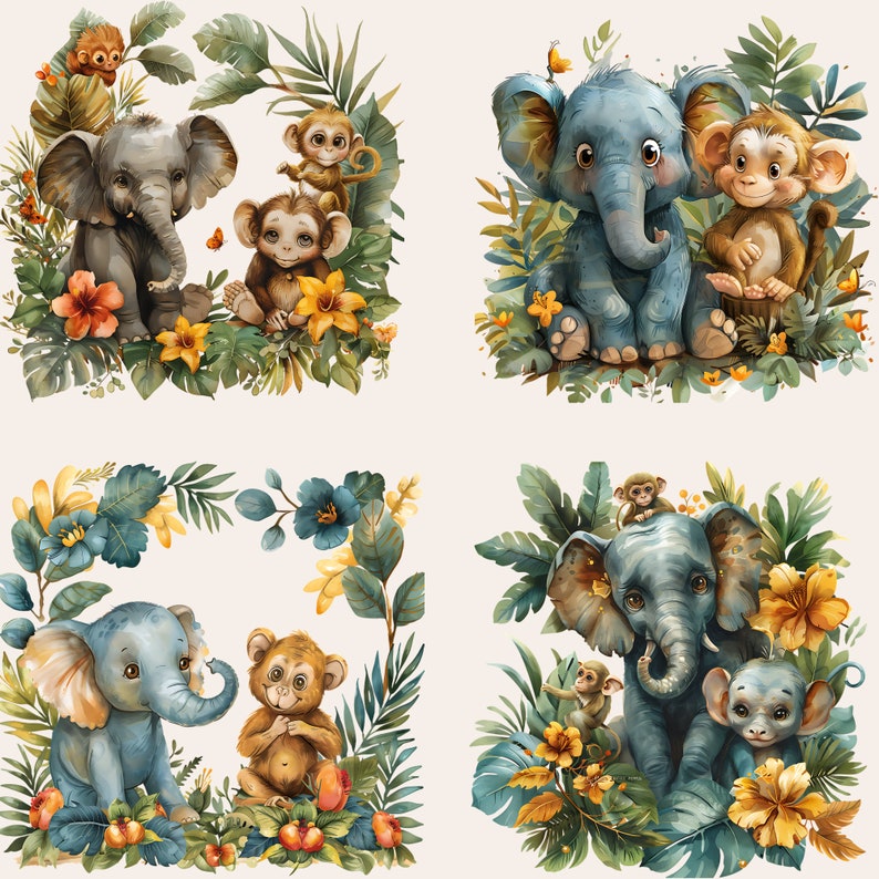 17 Jungle Animals Clipart Bundle, Elephant and Money in Tropical Jungle ...