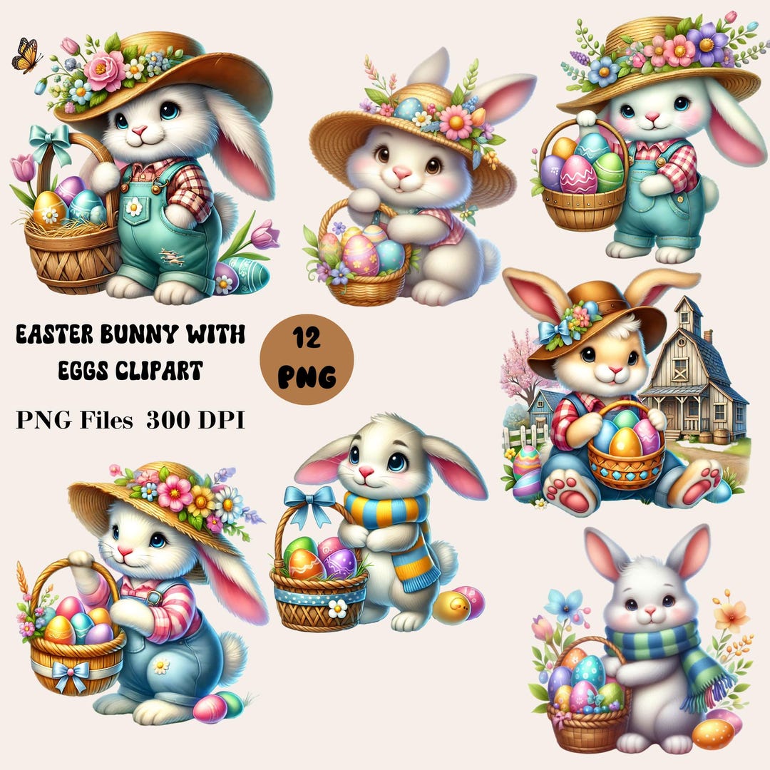 12 Easter Bunny With Eggs Clipart, Easter Clipart Bundle, Floral Bunny ...