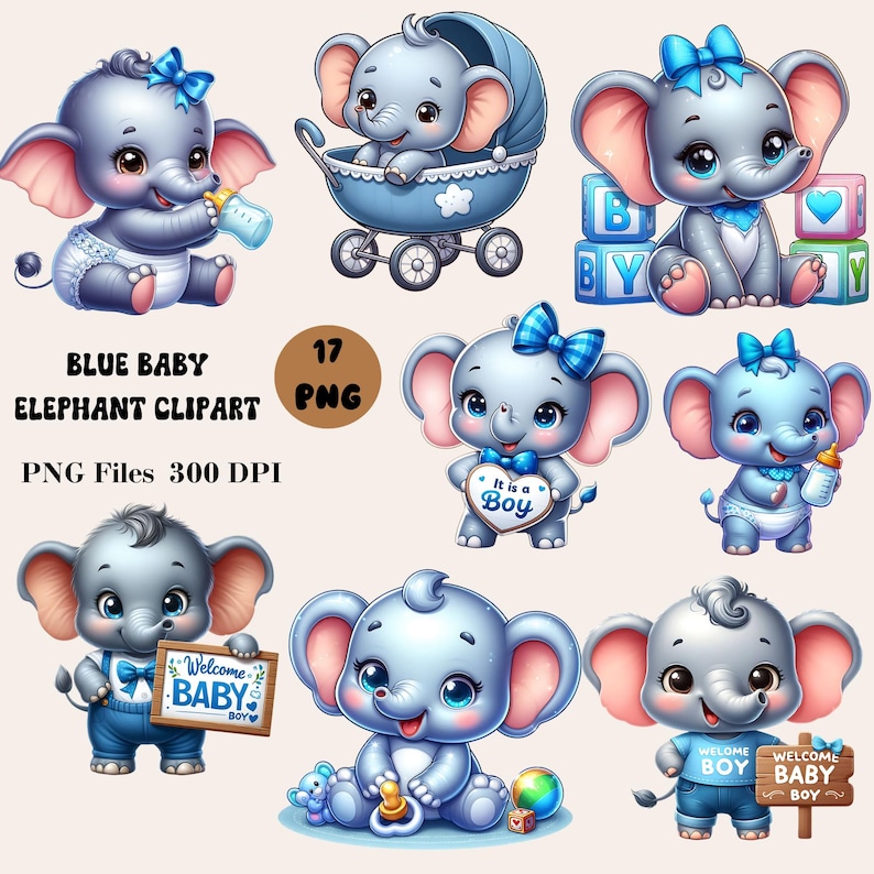 17 Blue Baby Elephant Clipart, Baby Shower Clipart for Boy, Boy ...
