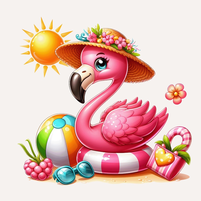 10 Summer Flamingo Clipart, Cute Flamingo PNG Bundle, Tropical Flamingo ...