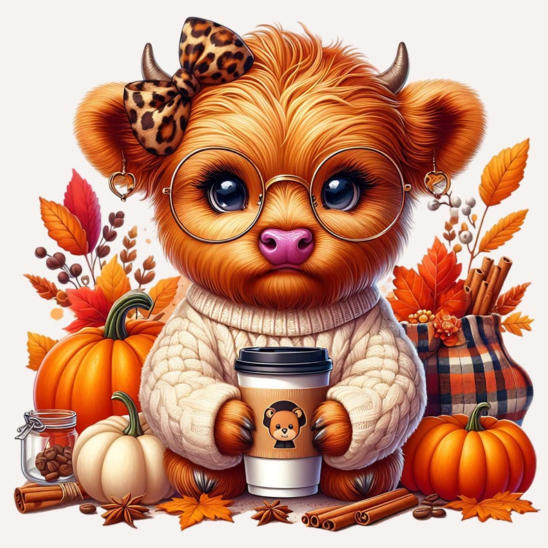 14 Fall Highland Cow Clipart, Pumpkin Spice Highland Cow Clipart ...