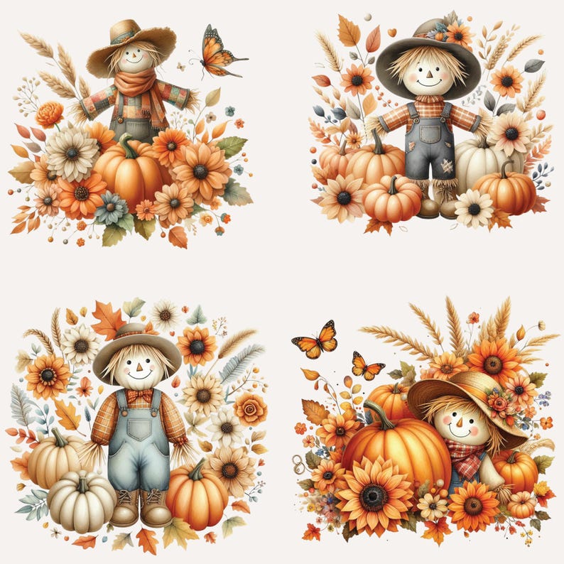 27 Autumn Scarecrow Clipart, Fall Scarecrow PNG Bundle, Charming ...