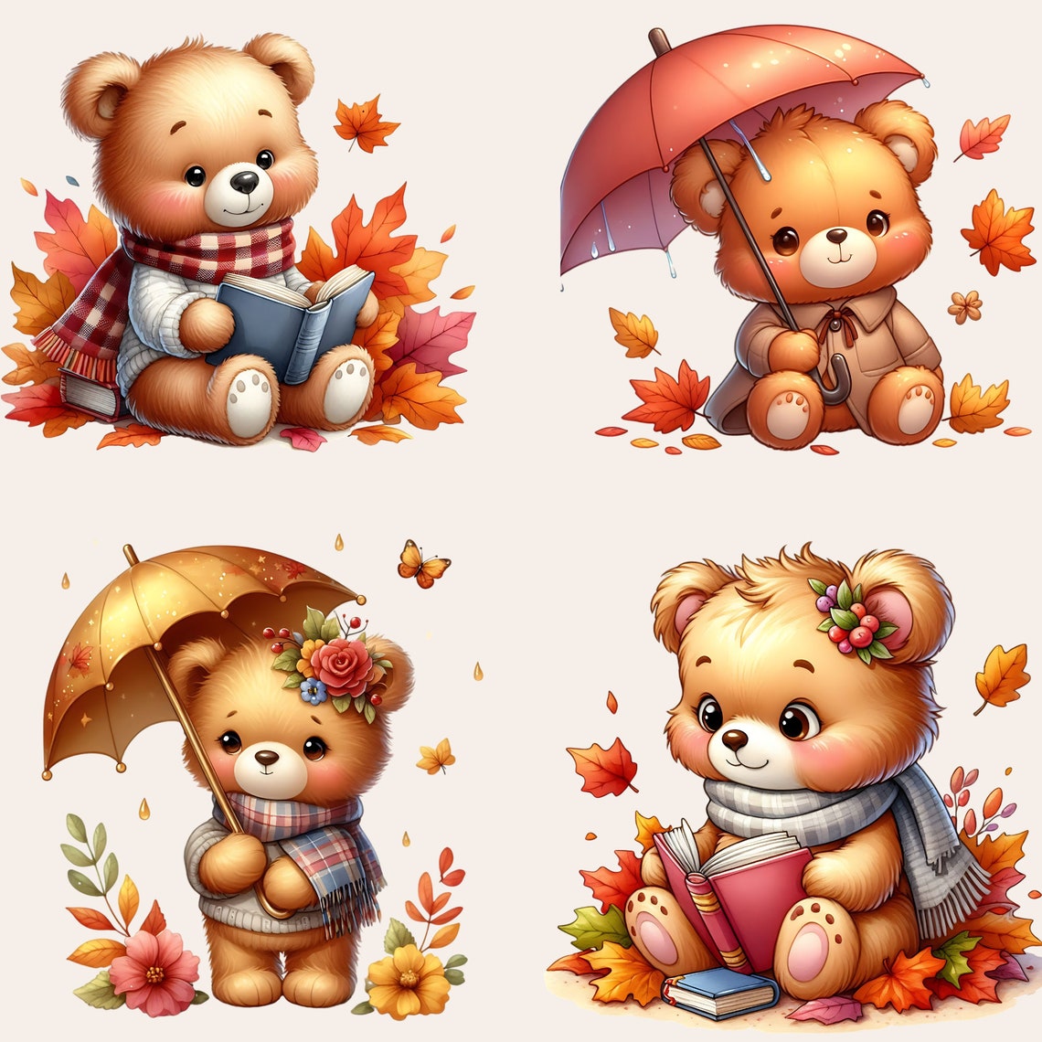 23 Fall Teddy Bear Clipart Bundle, Cute Teddy Bear PNG, Autumn Teddy ...