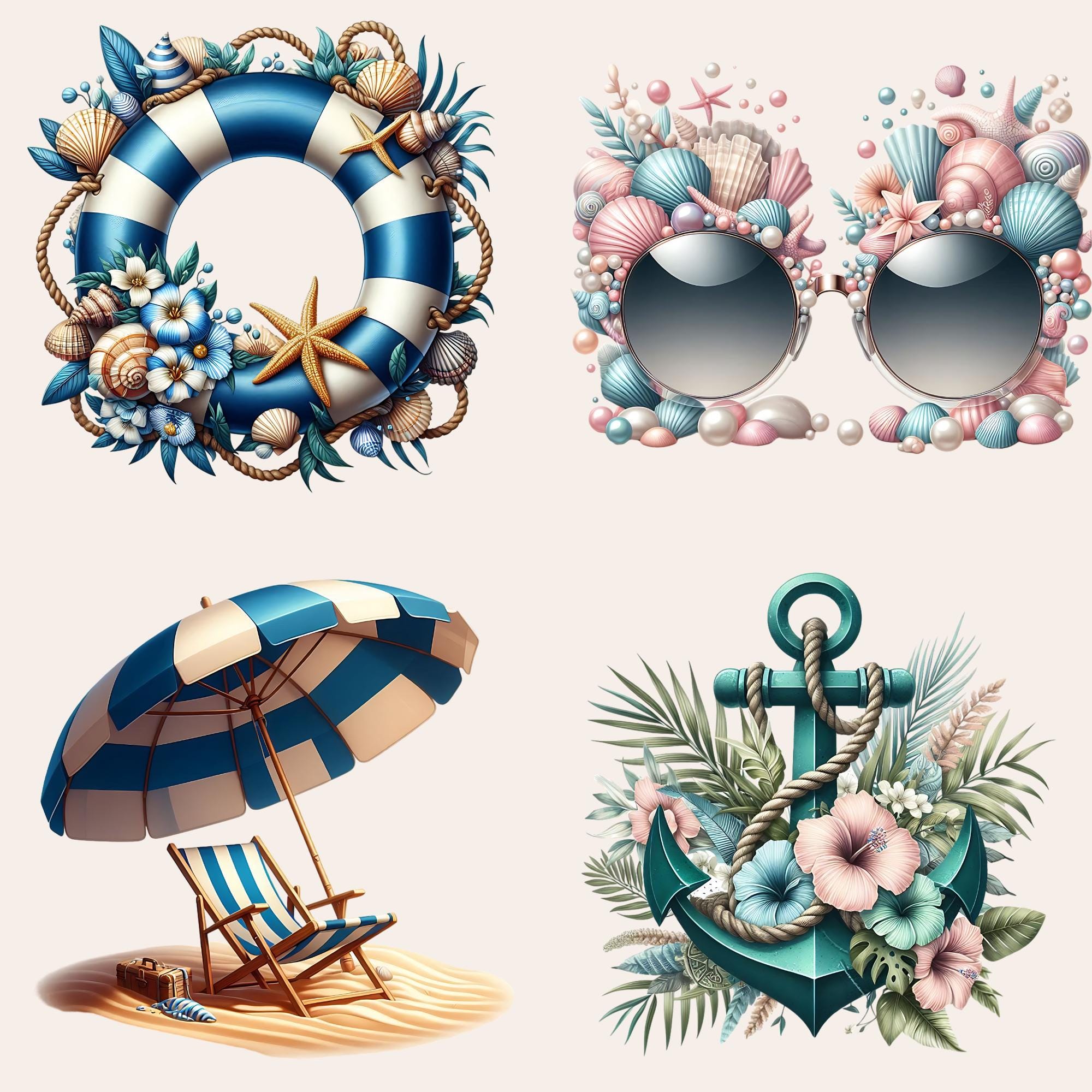 25 Summer Beach Clipart, Nautical Ocean Clipart, Beach Day PNG Bundle ...