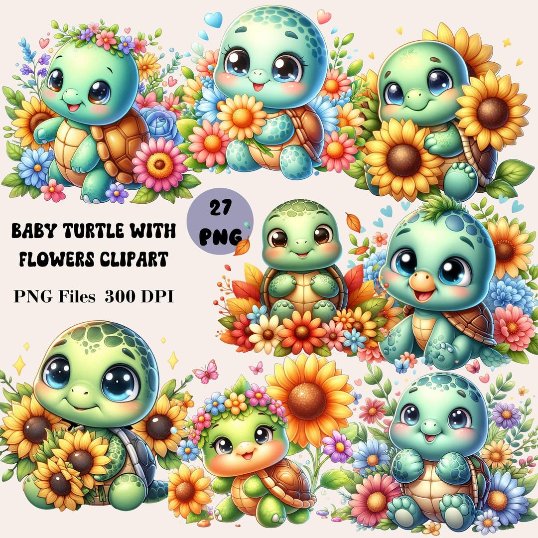 27 Baby Turtle With Flowers Clipart, Floral Baby Turtle Clipart, Cute ...