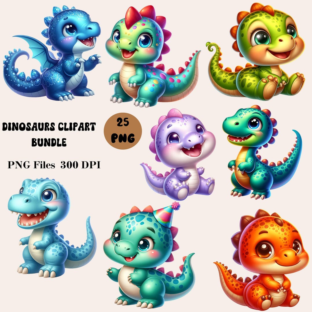 25 Dinosaurs Clipart Bundle, Cute Dinosaur Clipart, Dinosaur ...