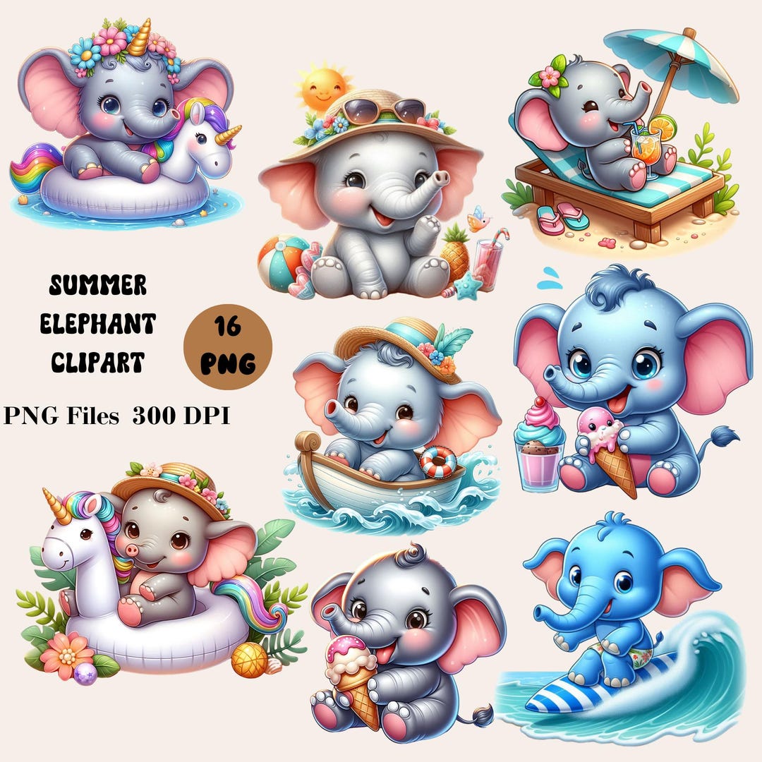 16 Summer Elephant Clipart Bundle, Baby Elephant PNG, Cartoon Elephant ...