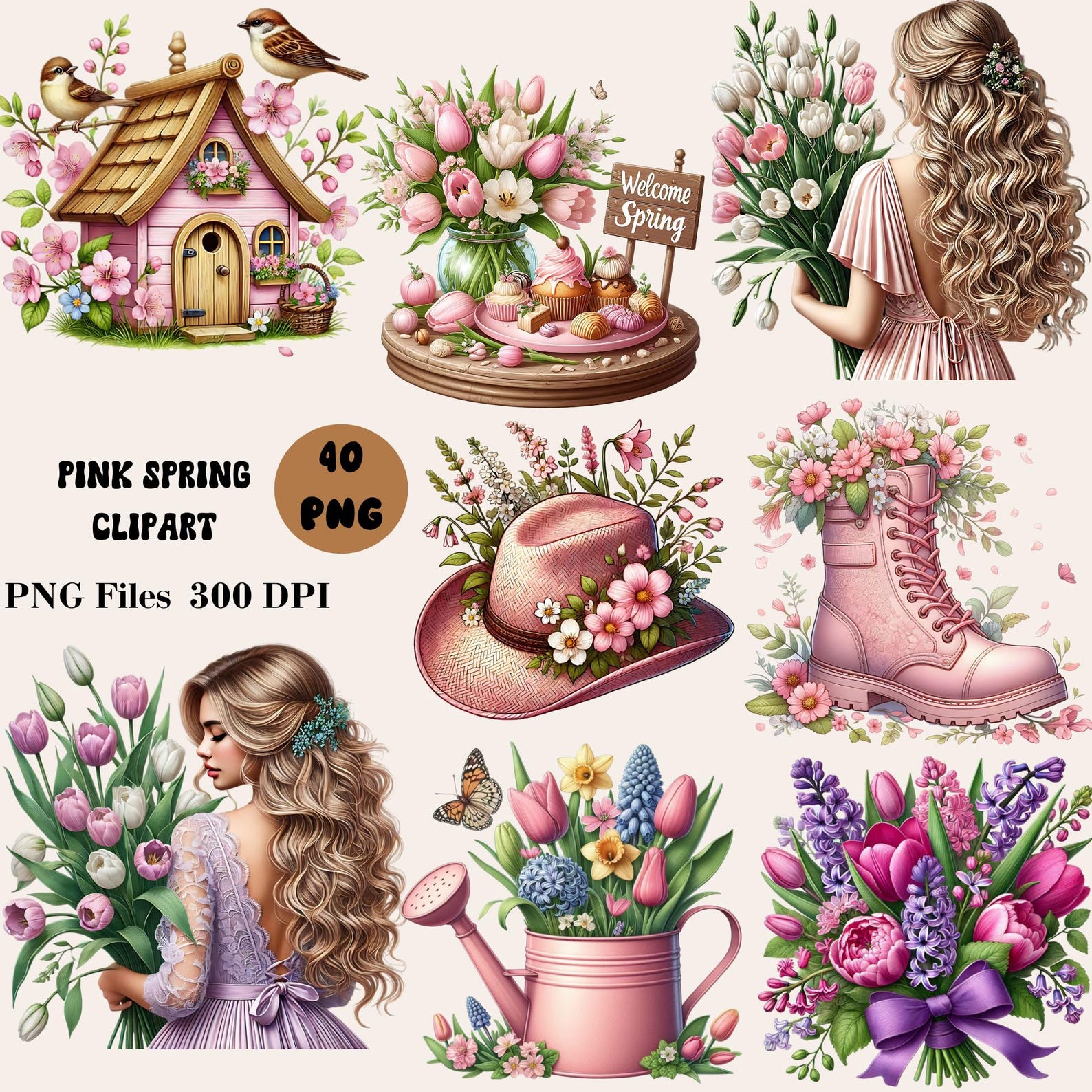 40 Pink Spring Clipart, Sweet Spring Clipart, Spring Flowers Clipart ...