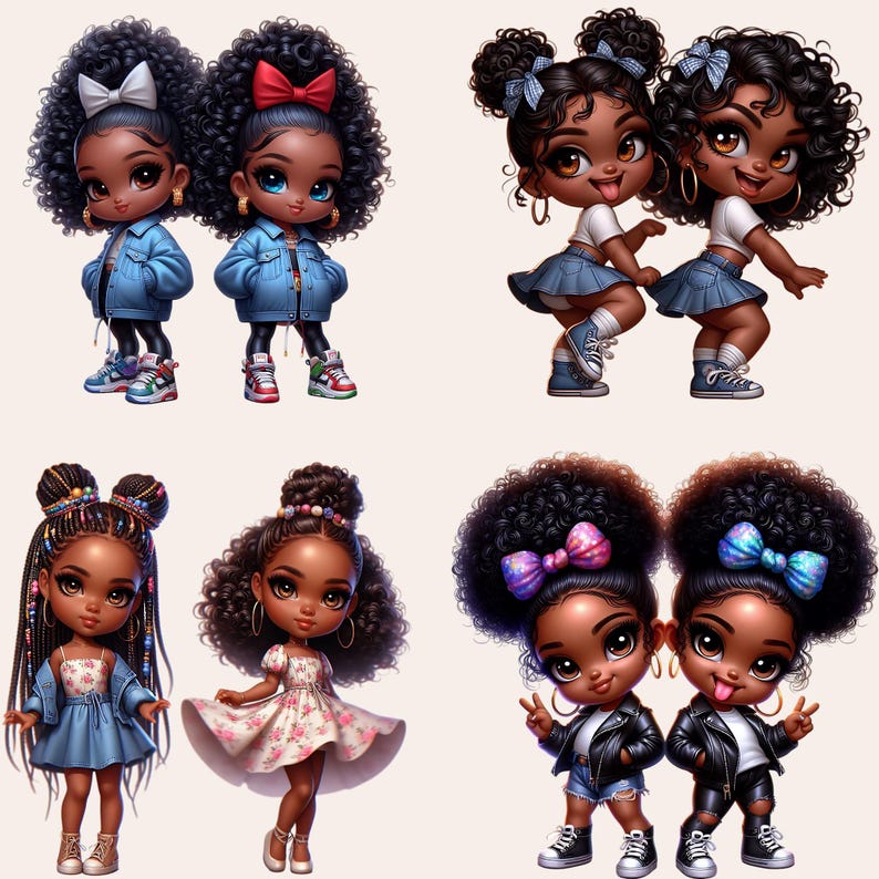 35 Twin Chibi Girl Clipart, Black Chibi Girl Clipart, Afro American ...