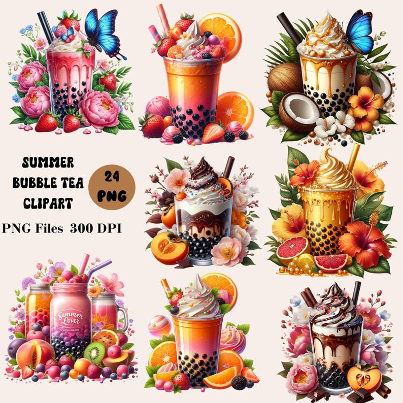 24 Summer Bubble Tea Clipart, Bubble Tea PNG Bundle, Cute Boba Tea ...