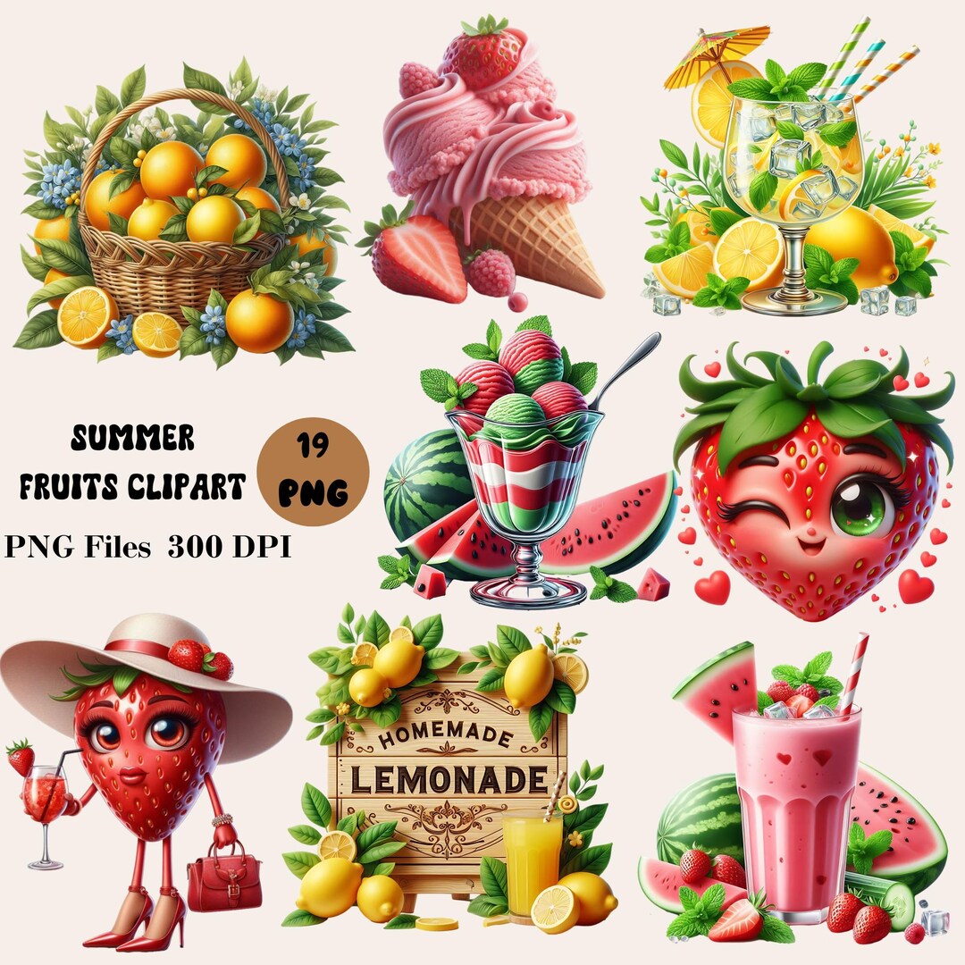 19 Summer Fruits Clipart, Cute Fruits Clipart, Summer Clipart Bundle ...