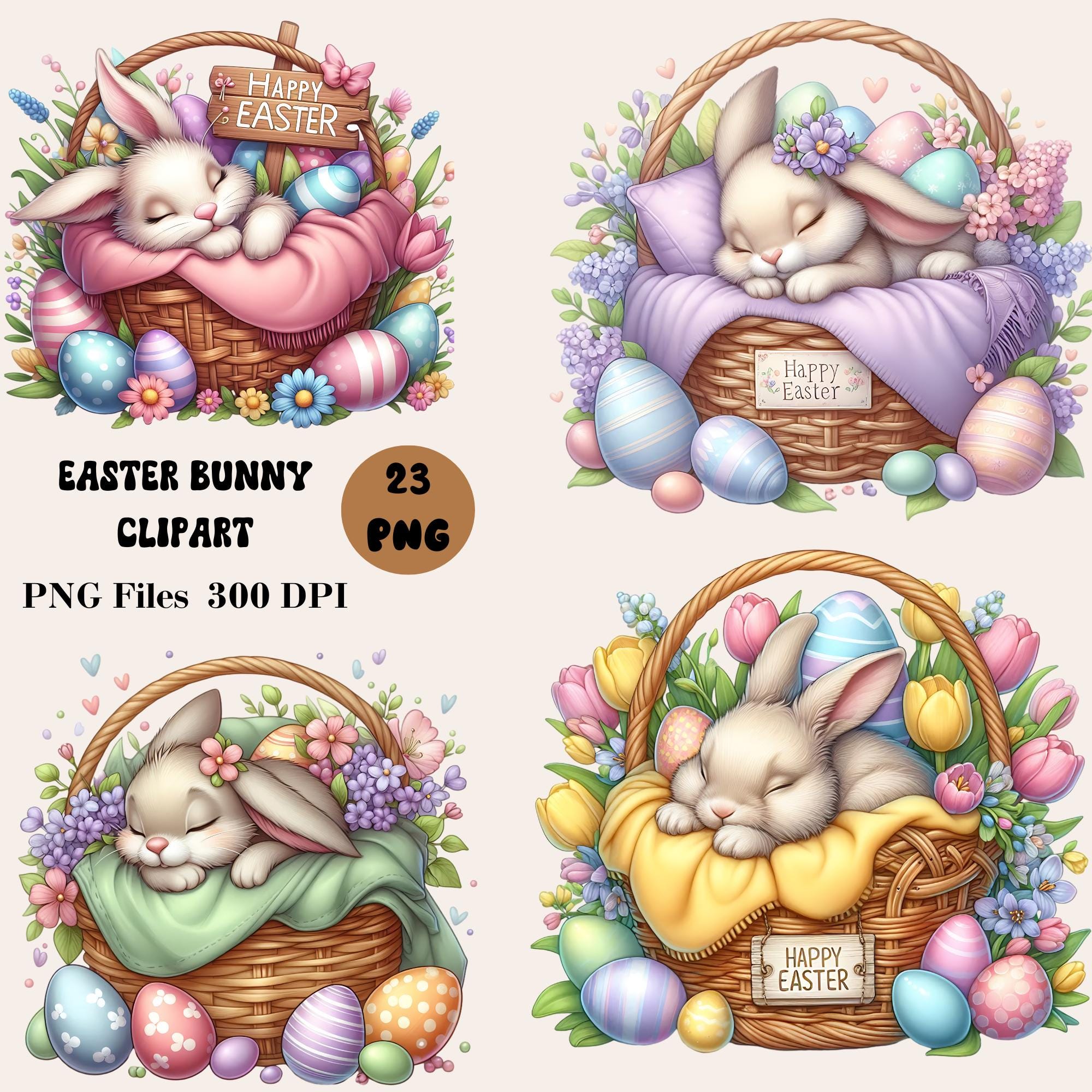 23 Pastel Easter Bunny Clipart, Easter Bunny in a Basket Clipart, Cute ...