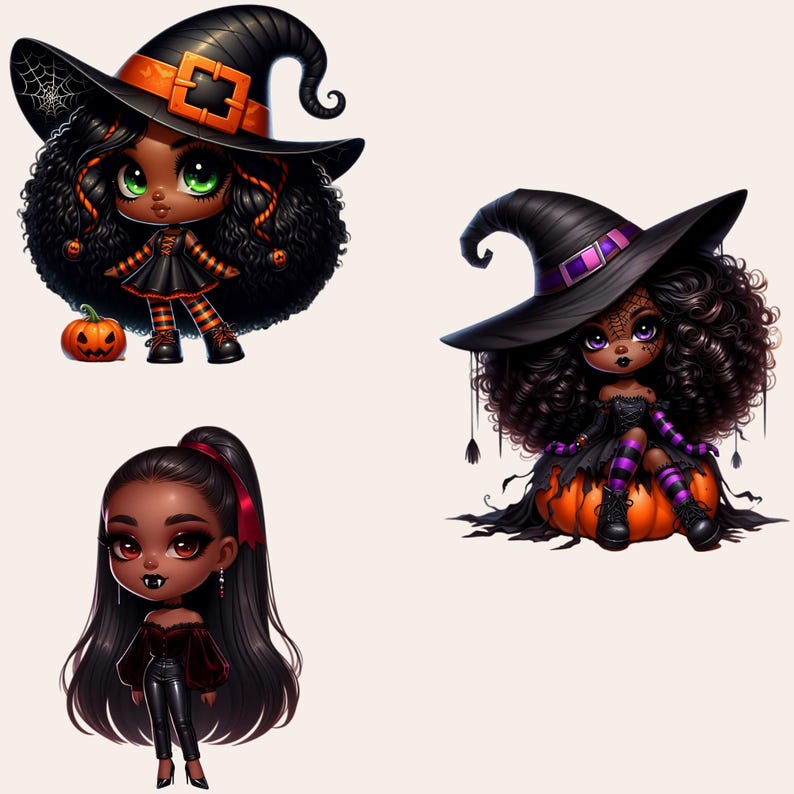 16 Halloween Chibi Girl Clipart, Afro American Chibi Girl PNG, Chibi ...