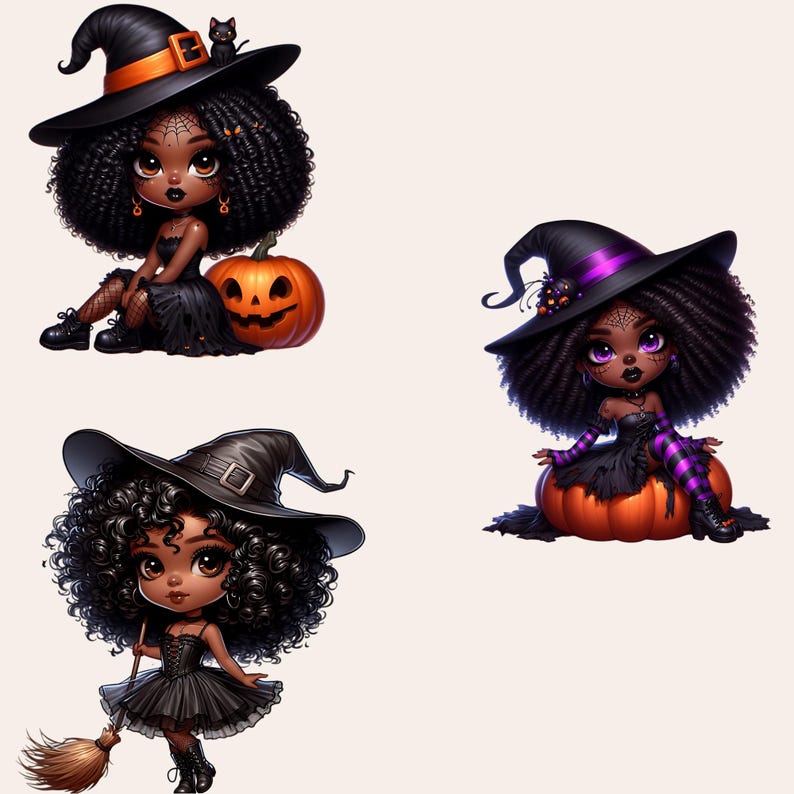 16 Halloween Chibi Girl Clipart, Afro American Chibi Girl PNG, Chibi ...