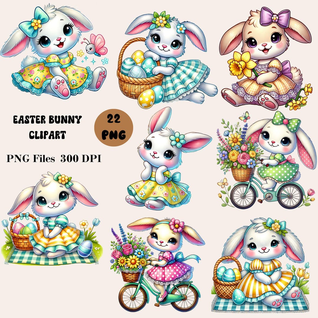 22 Easter Bunny Clipart, Spring Bunny Clipart Bundle, Floral Bunny ...