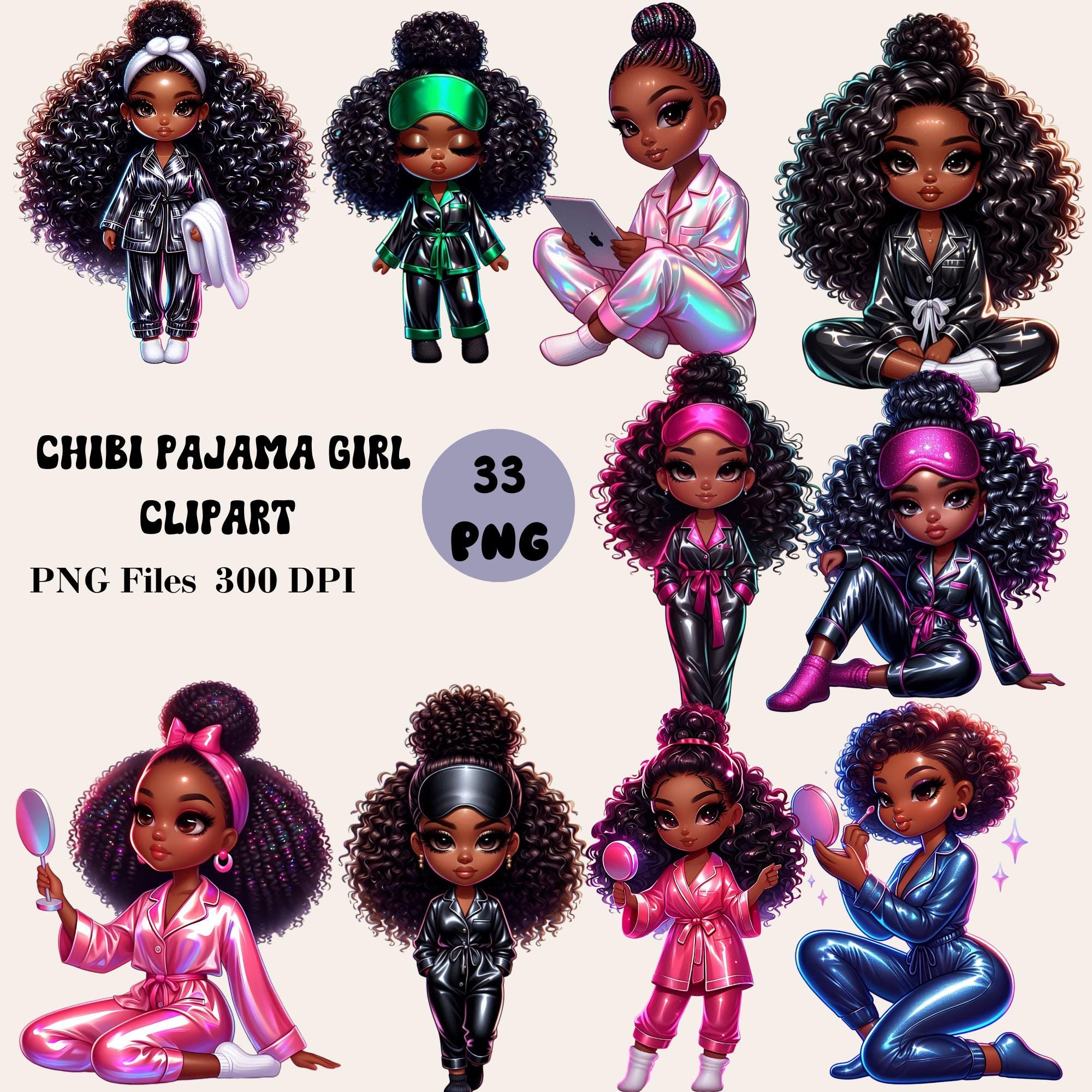 33 Chibi Girl Clipart Bundle, Chibi Pajama Girl PNG, Black Girl Clipart ...