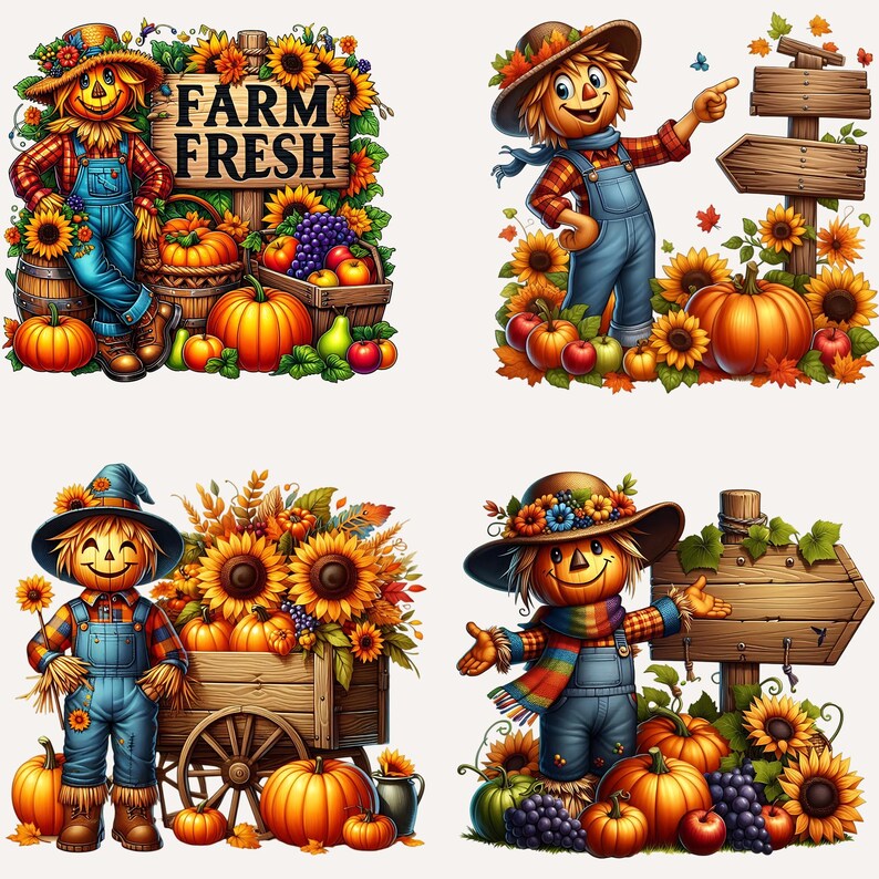 20 Autumn Scarecrow Clipart, Fall Scarecrow PNG Bundle, Charming ...