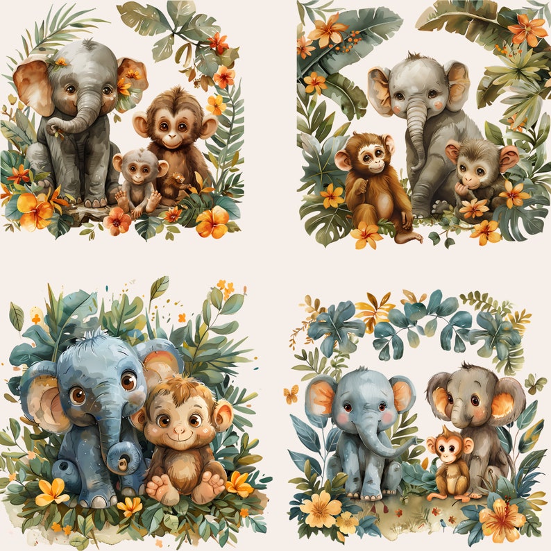 17 Jungle Animals Clipart Bundle, Elephant and Money in Tropical Jungle ...