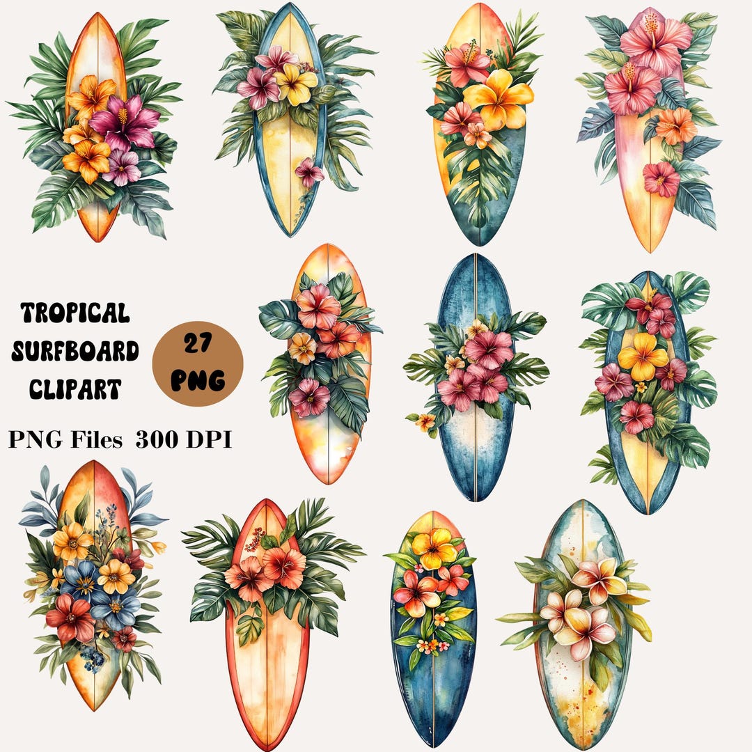 27 Tropical Surfboard Clipart, Surfboard Clipart Bundle, Tropical Beach ...